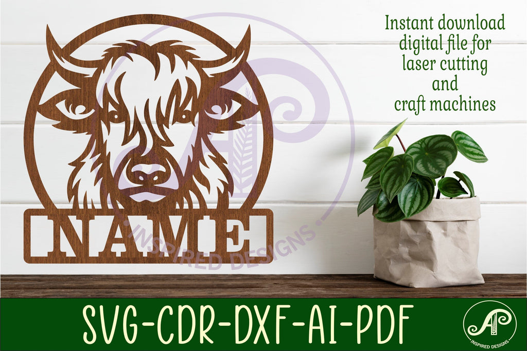 Highland cow name sign svg laser cut template - So Fontsy