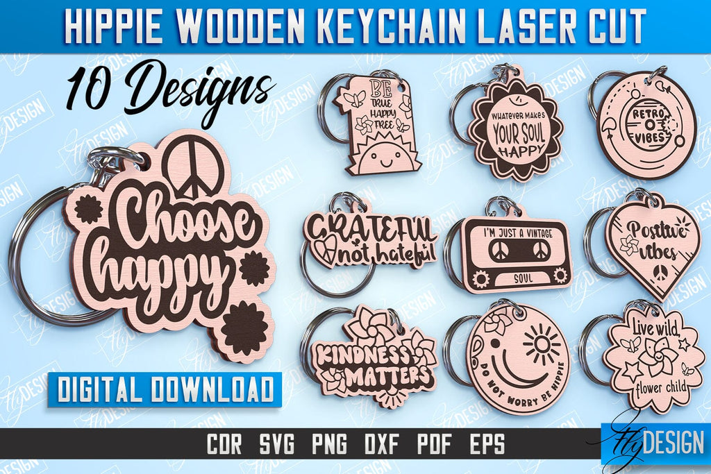Hippie Wooden Keychain | Hippie Style | Lettered Keychain | Retro Vibes | CNC File - So Fontsy