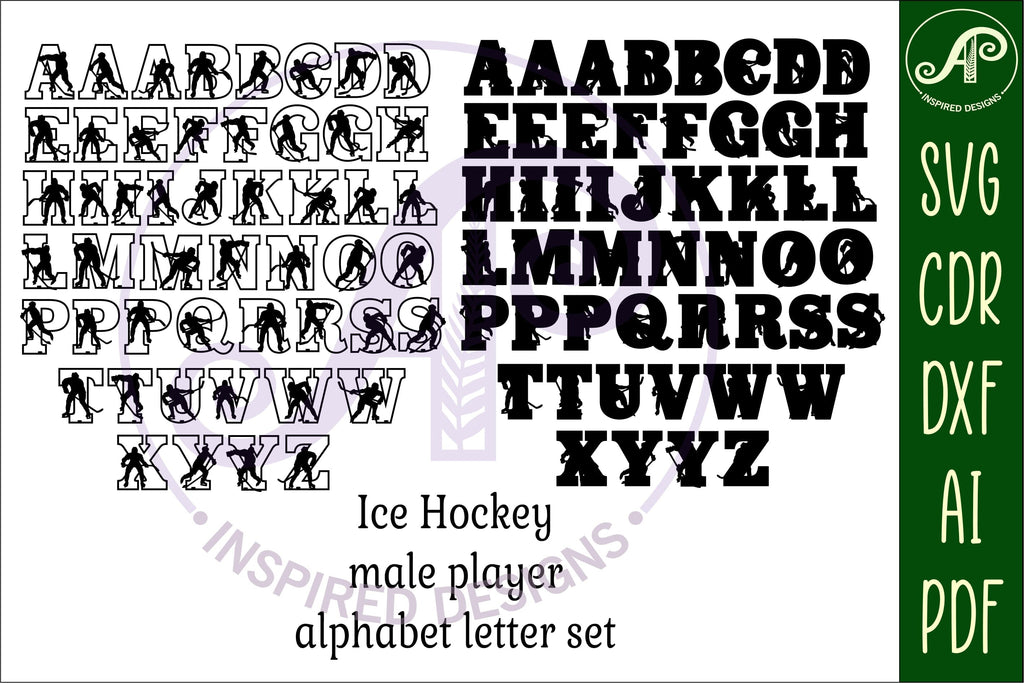 Ice Hockey male player silhouette letters alphabet set x 50 - So Fontsy