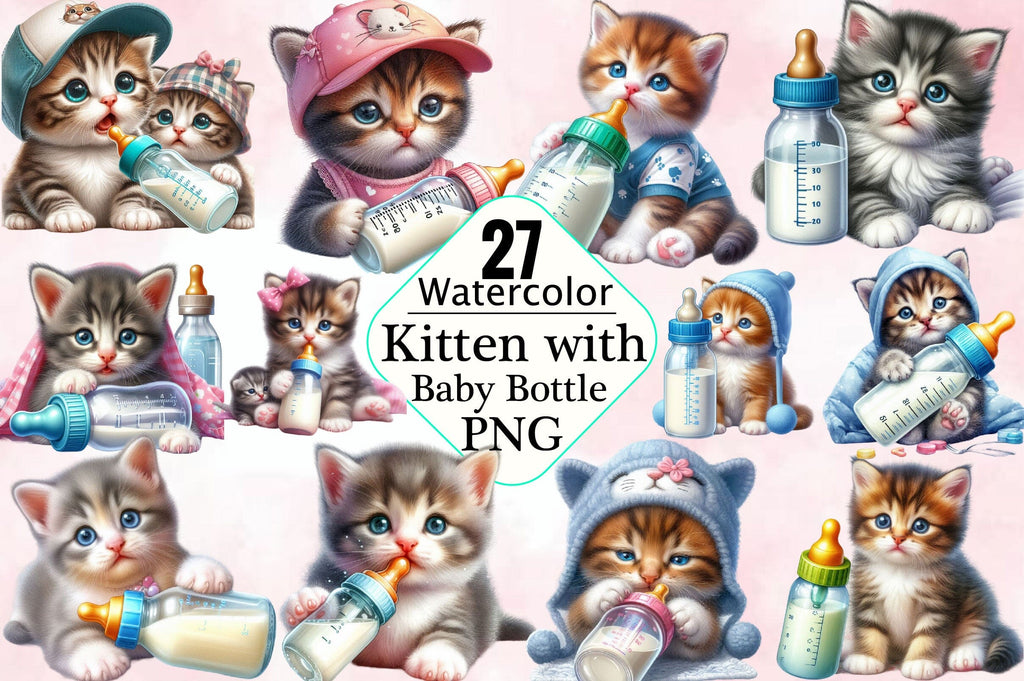 Kitten with Baby Bottle Sublimation Clipart Bundle - So Fontsy