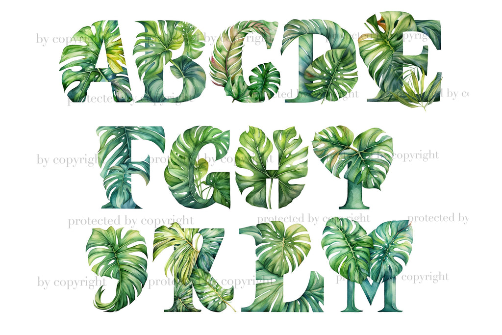 Monstera Alphabet Clipart | Green Letters - So Fontsy
