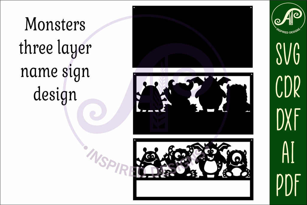 Monsters scene name sign SVG 3 layer laser cut - So Fontsy