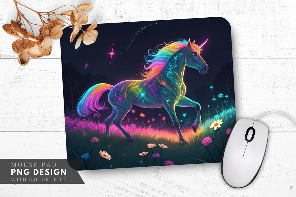 Neon Rainbow Unicorn in a Glowing Meadow Mouse Pad Design - So Fontsy