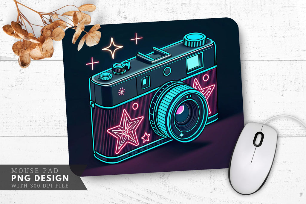 Neon Vintage Camera with Star Accents and Shutter Lines Mouse Pad Design - So Fontsy