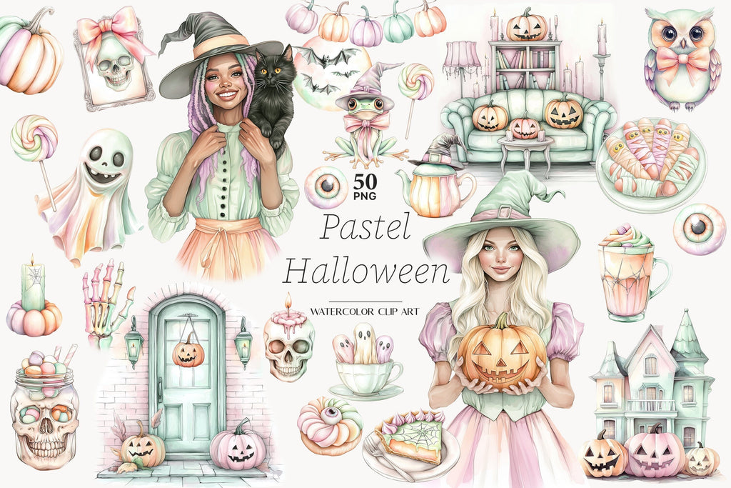 Pastel Halloween Clip Art PNG | Cute Witch Spooky Clipart - So Fontsy