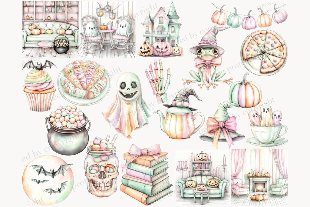Pastel Halloween Clip Art PNG | Cute Witch Spooky Clipart - So Fontsy