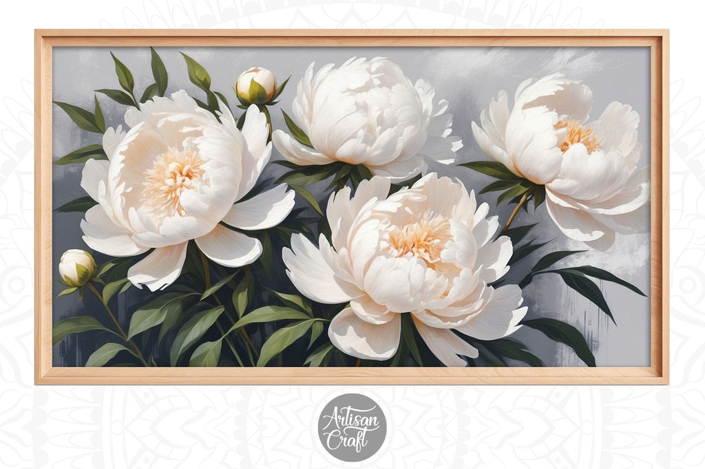 Peonies Frame TV art, white flower painting | So Fontsy