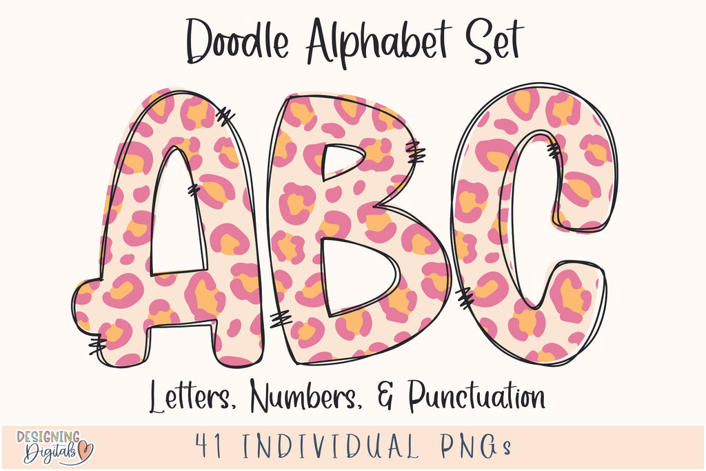 Pink Leopard Print Doodle Letters PNG, Sublimation Alphabet - So Fontsy
