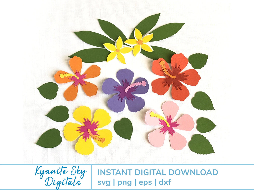 Plumeria Hibiscus SVG cut files tropical flowers with leaves - So Fontsy
