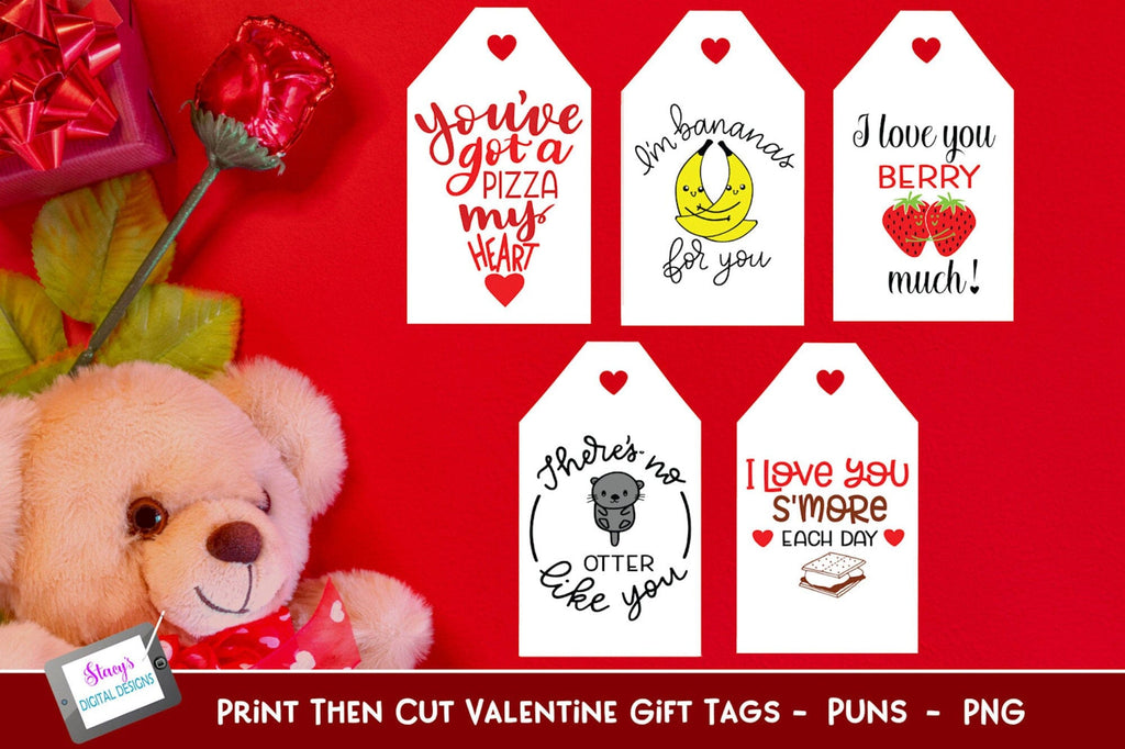 Print then Cut Valentine Gift Tags | 5 Love Pun Gift Tags - So Fontsy