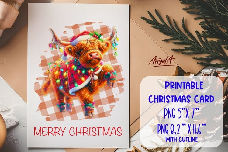 Printable Christmas card template, cartoon highland cow PNG - So Fontsy