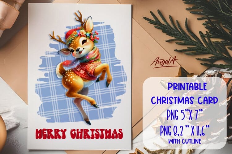 Printable Christmas card templates, dancing cute baby deer - So Fontsy