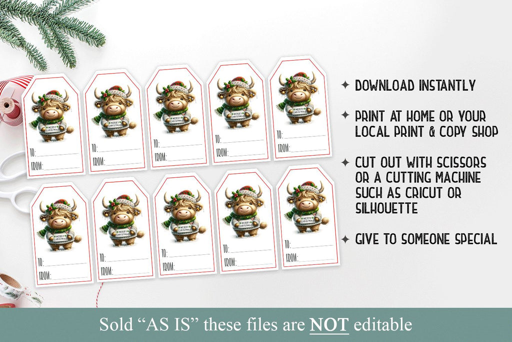 Printable Christmas Gift Tags | Cute Highland Cow Tags - So Fontsy