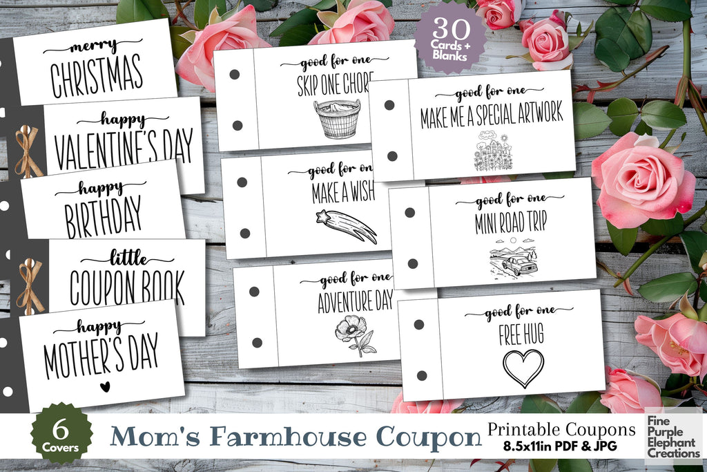 Printable Farmhouse Mother's Day Digital Coupon Book Cards - So Fontsy