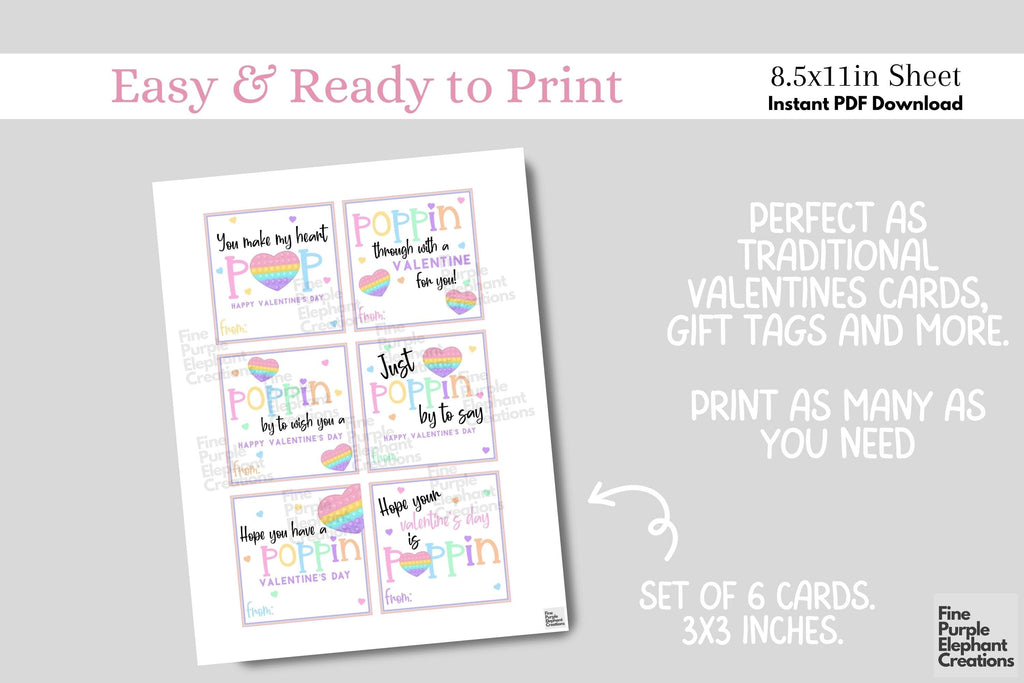 Printable Kids Fidget Pop It Valentine Digital Paper Cards - So Fontsy