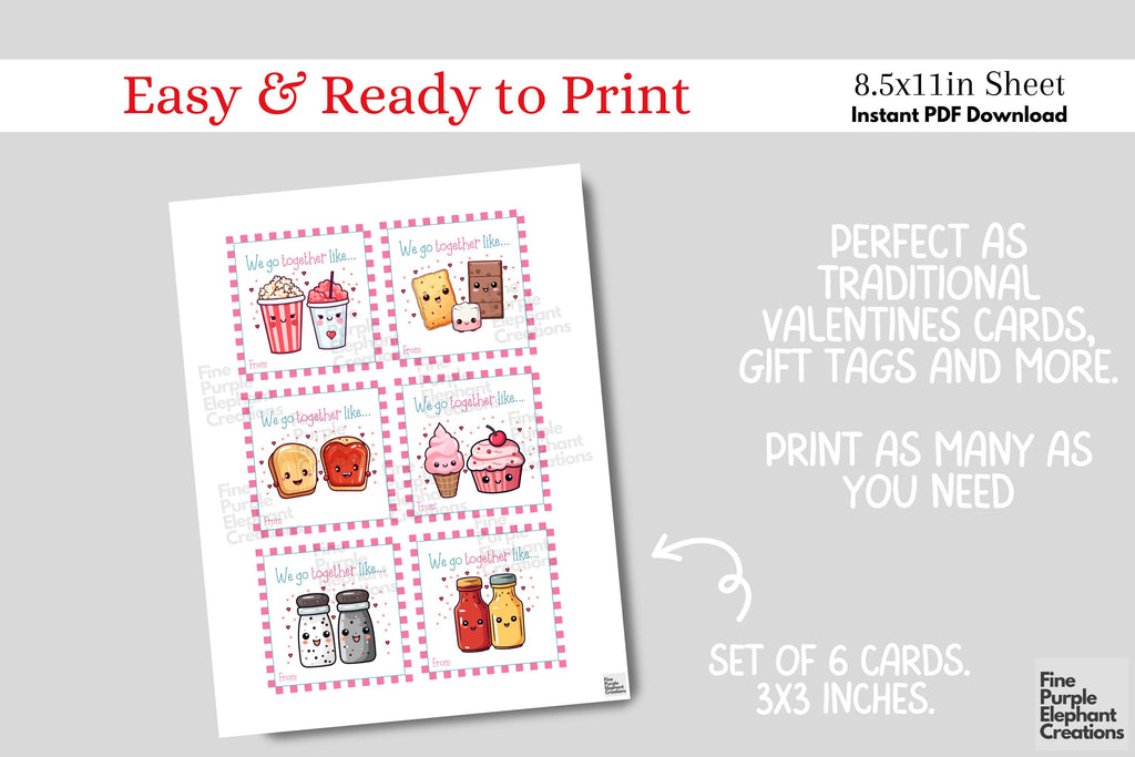 Printable Kids Kawaii We Go Together Like Valentine Digital Paper Cards ...