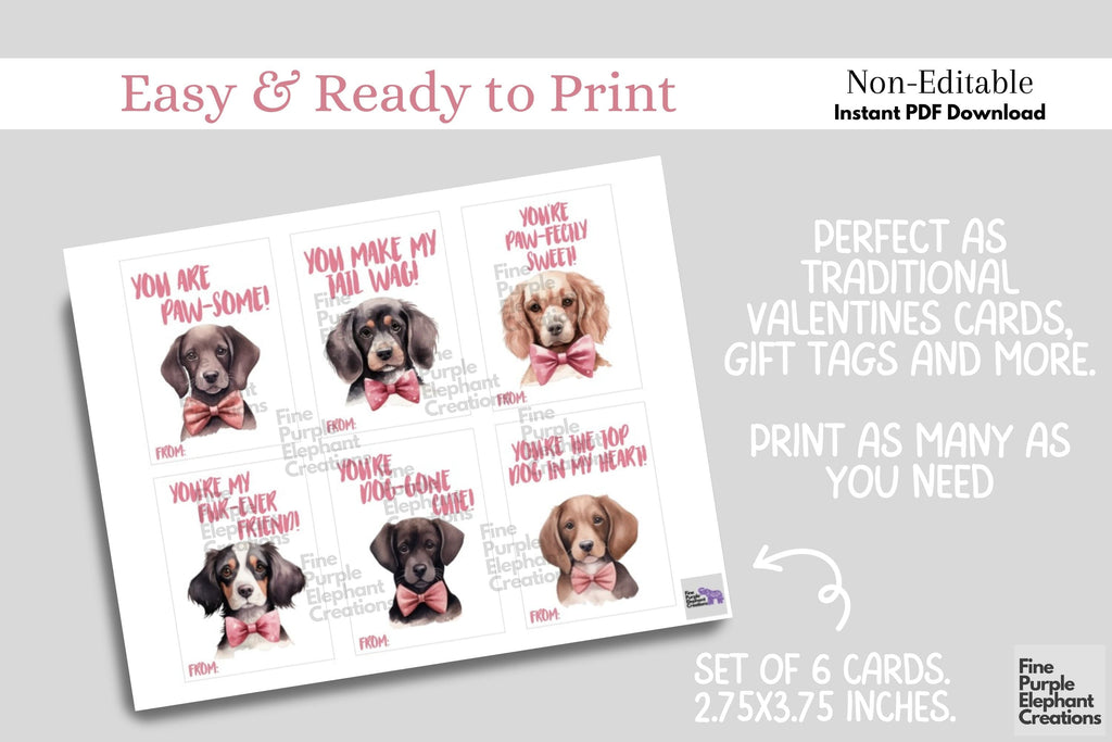 Printable Kids Watercolor Dog Valentine Digital Paper Cards - So Fontsy