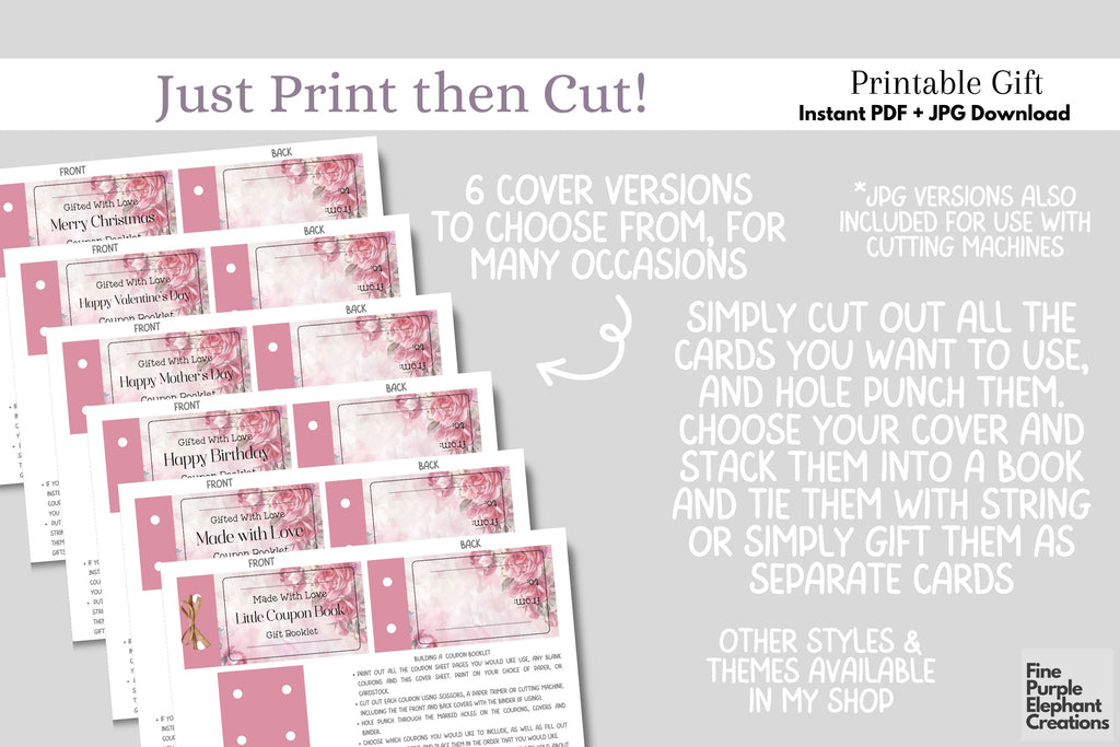 Printable Pink Rose Mother's Day Digital Coupon Book Cards - So Fontsy