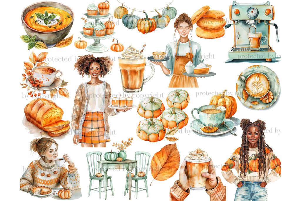 Pumpkin Latte Clipart | Autumn Coffeehouse PNG - So Fontsy