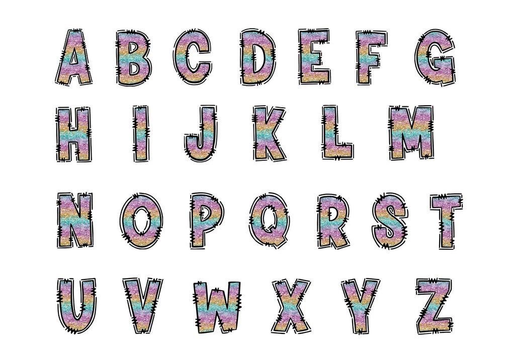 Rainbow Glitter Doodle Letters PNG - So Fontsy