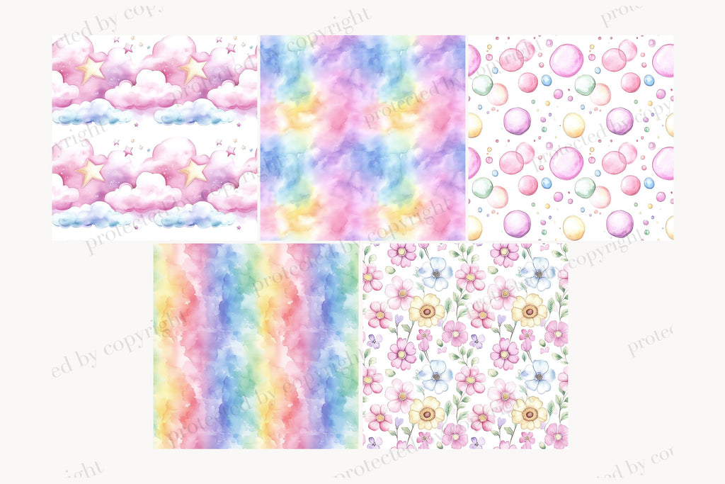 Rainbow Unicorn Digital Paper | Nursery Seamless Pattern Set - So Fontsy