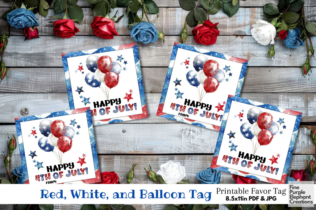Red White Blue Balloon 4th of July Printable Tag Favor - So Fontsy