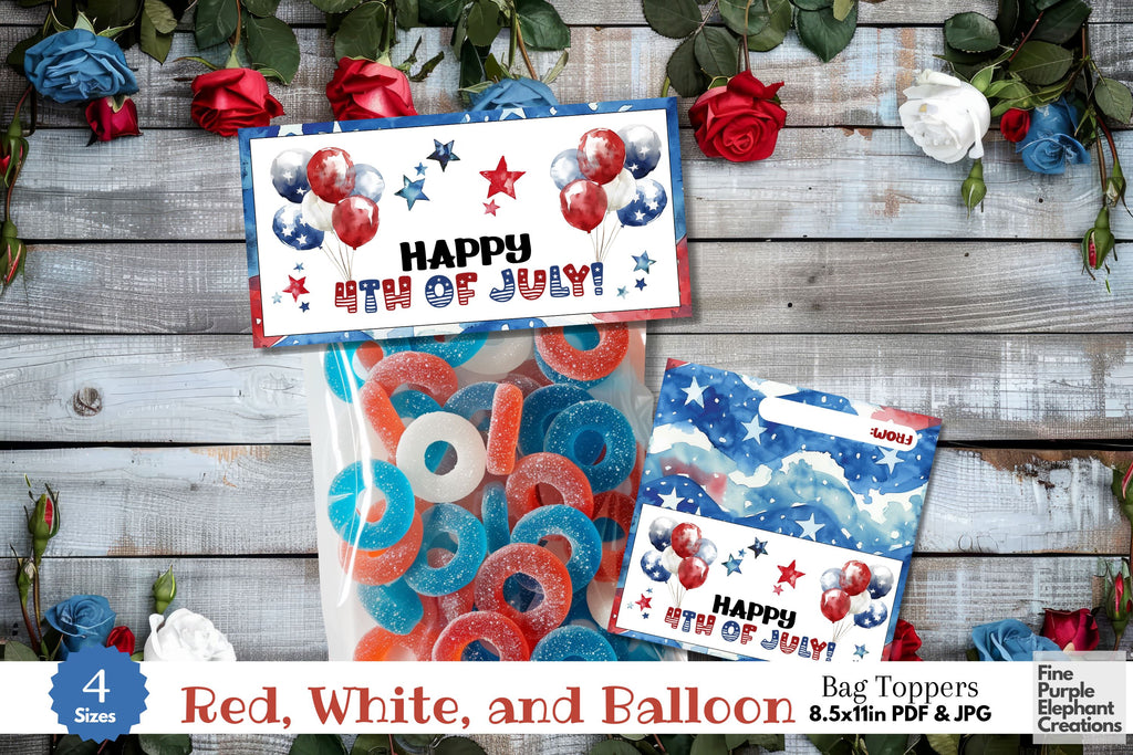 Red White Blue Balloon 4th of July Printable Treat Bag Topper Card ...