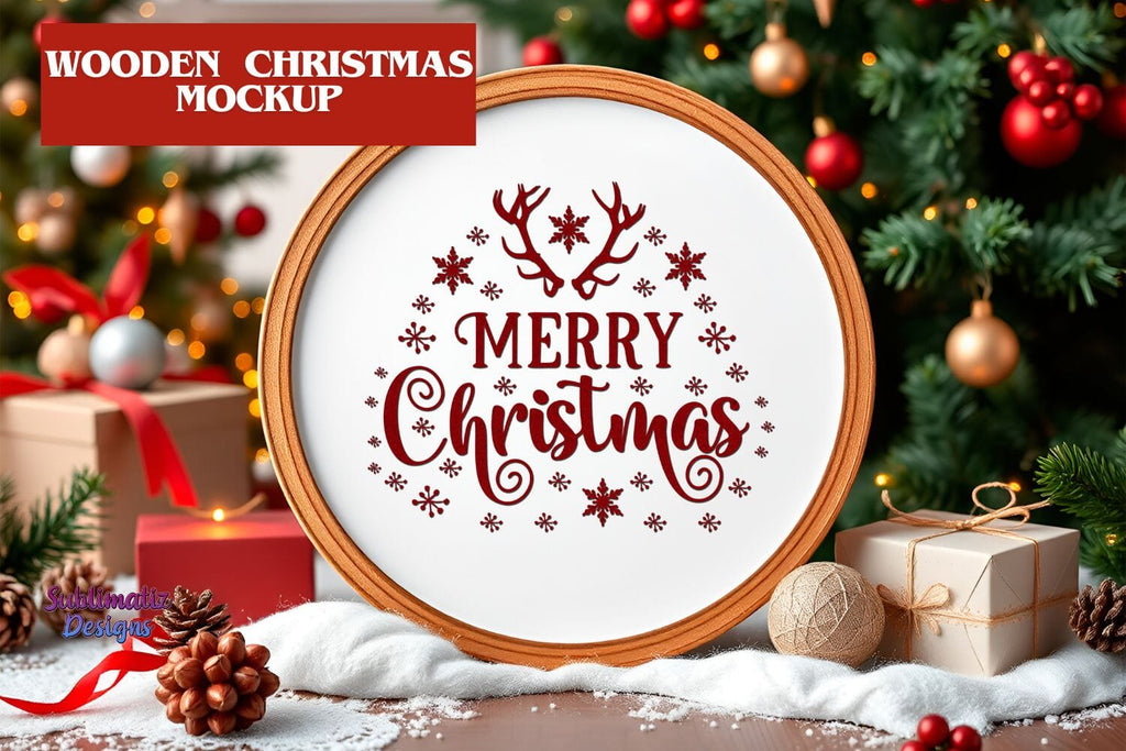 Round Wooden Christmas Mockup - So Fontsy