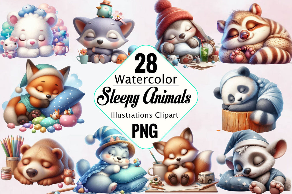 Sleepy Animals Watercolor Clipart Bundle - So Fontsy