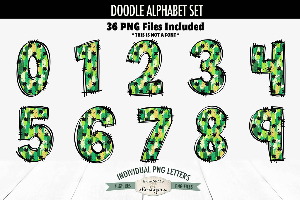 St Patricks Brush Stroke Doodle Alphabet Numbers | PNG Files - So Fontsy