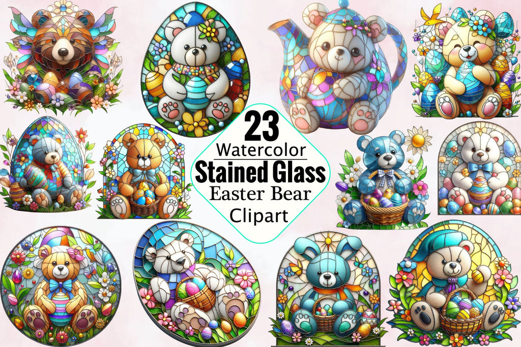 Stained Glass Easter Bear Clipart Bundle - So Fontsy