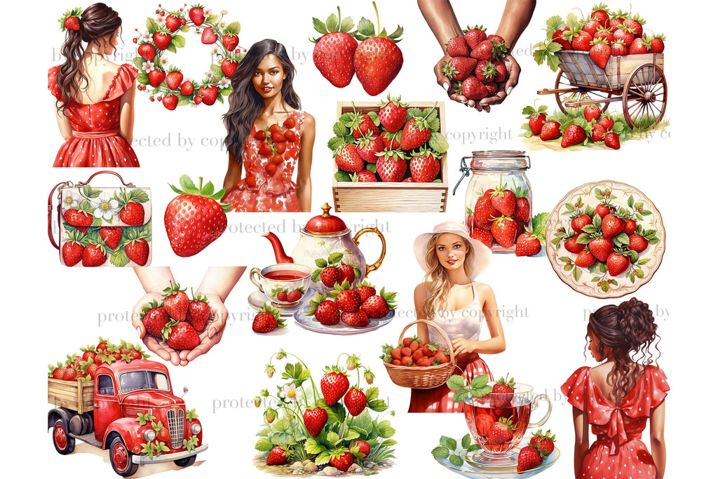 Strawberry Clipart Bundle | Summer Graphics PNG Set - So Fontsy