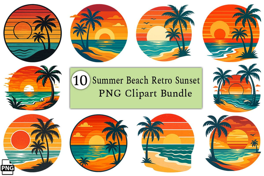 Summer Beach Retro Sunset PNG Clipart Bundle Printable File - So Fontsy