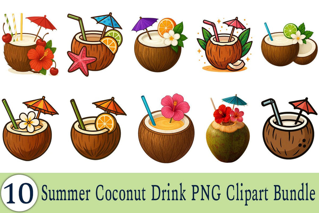 Summer Coconut Drink PNG Clipart Bundle Printable File - So Fontsy