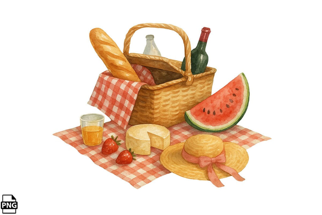 Summer Watercolor Picnic Basket Clipart Bundle Printable File - So Fontsy