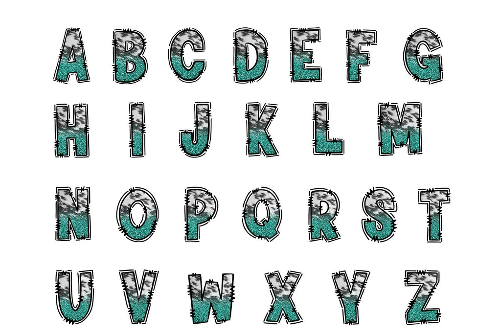 Teal Glitter Cow Print Doodle Letters, Western Alphabet PNG - So Fontsy