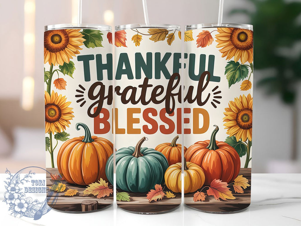 Thankful Grateful Blessed Fall Tumbler, Fall Sublimation Tumbler, Autumn Quote Drinkware, 20oz ...