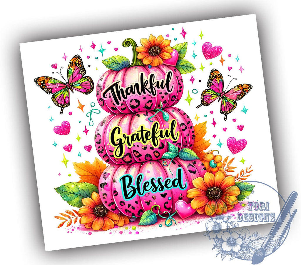 Thankful Grateful Blessed Tumbler Wrap, 20 oz Skinny Tumbler Sublimation Design, Pumpkins PNG ...