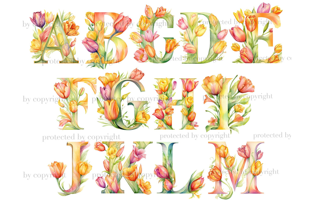 Tulips Alphabet Clipart | Flowers Invitation For Wedding - So Fontsy