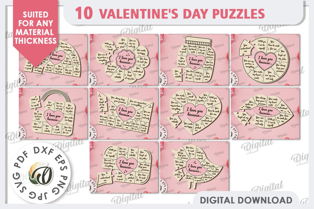 Valentine's Day Puzzles LaserCut Bundle. Valentines Gift SVG - So Fontsy