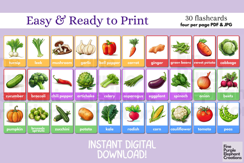 Vegetable Flashcards | Preschool Montessori Cards - So Fontsy