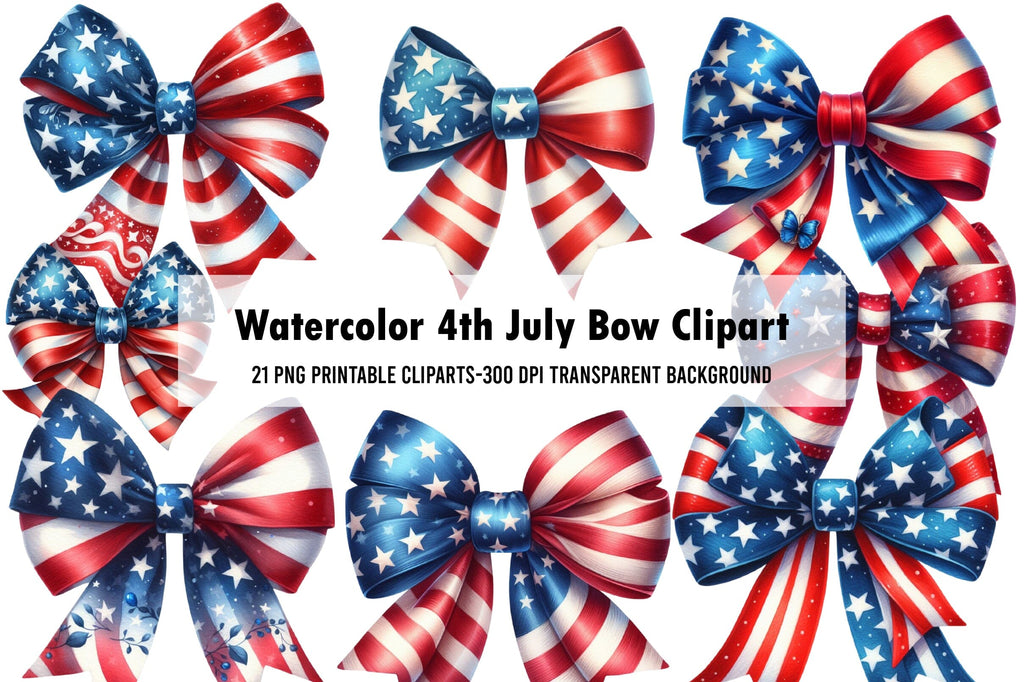 Watercolor 4th July Bow Clipart - So Fontsy