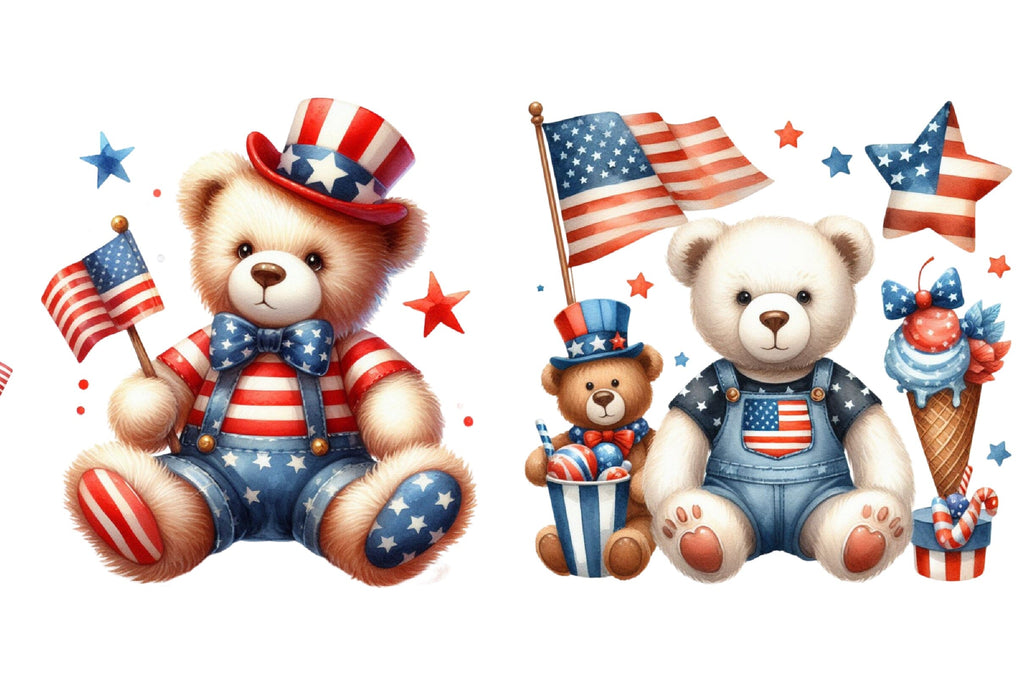 Watercolor 4th July Teddy Bear Clipart - So Fontsy