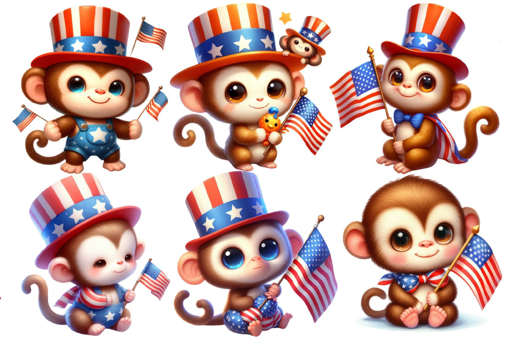 Watercolor 4th of July Monkey Clipart - So Fontsy