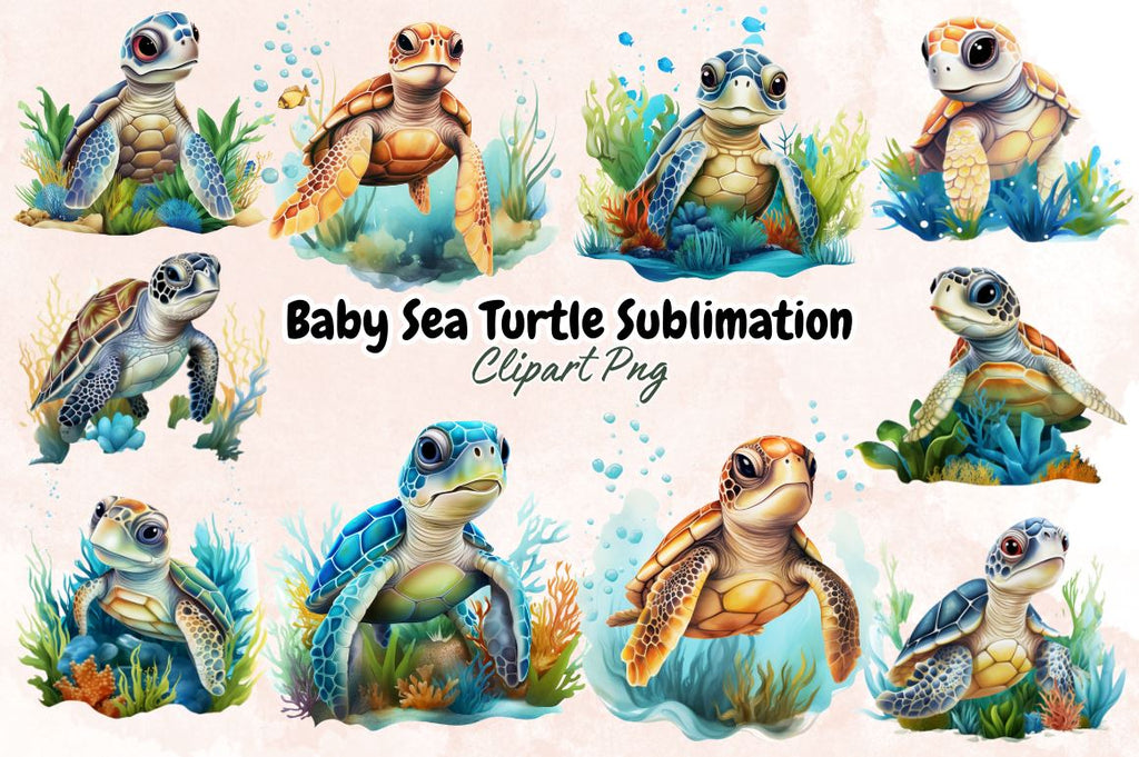 Watercolor Baby Sea Turtle Sublimation Clipart Bundle - So Fontsy