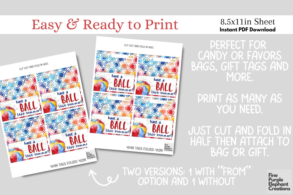 Watercolor Beach Ball Printable Treat Bag Topper Card - Small Favor End ...