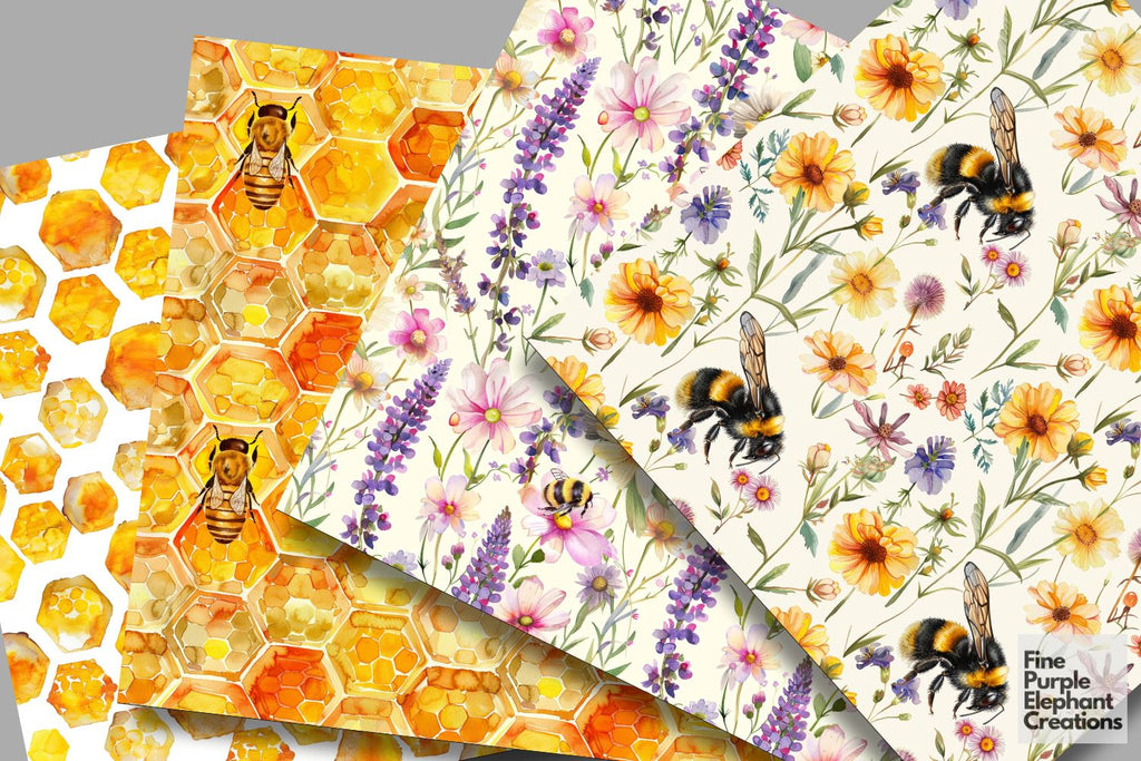 Watercolor Bees Digital Paper | Beehive Honeycomb Natural - So Fontsy