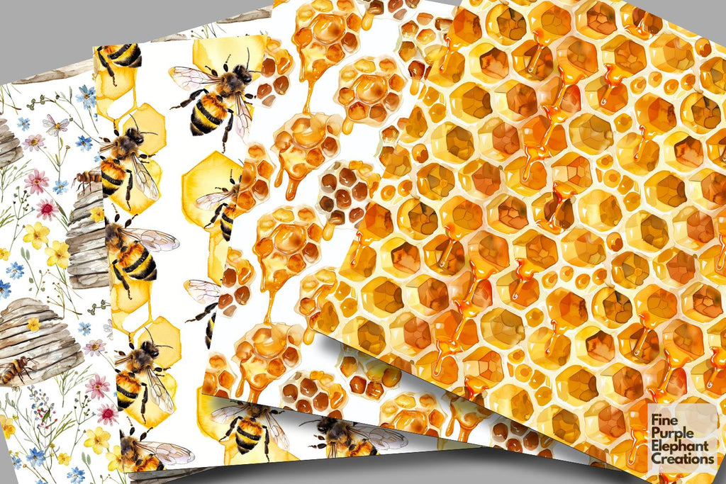 Watercolor Bees Digital Paper | Beehive Honeycomb Natural - So Fontsy