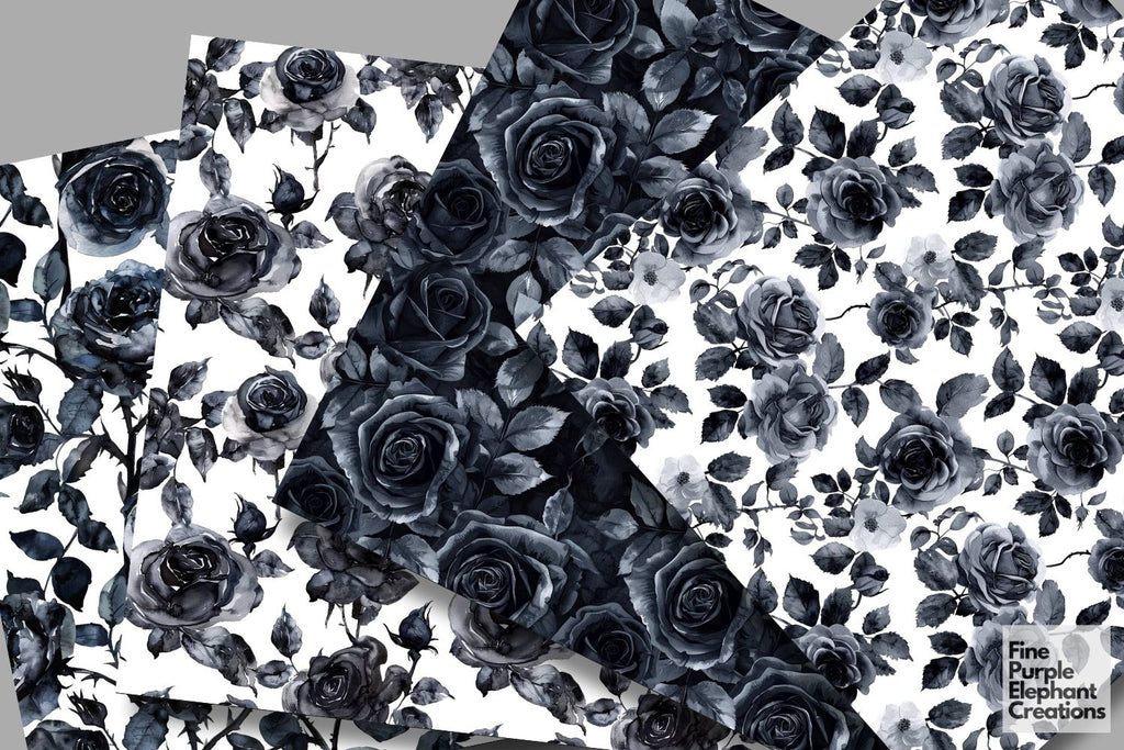 Watercolor Black Rose Flower Digital Paper | Halloween Gothic Noir - So ...