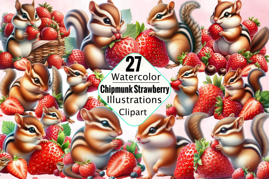 Watercolor Chipmunk Strawberry Sublimation Clipart Bundle - So Fontsy
